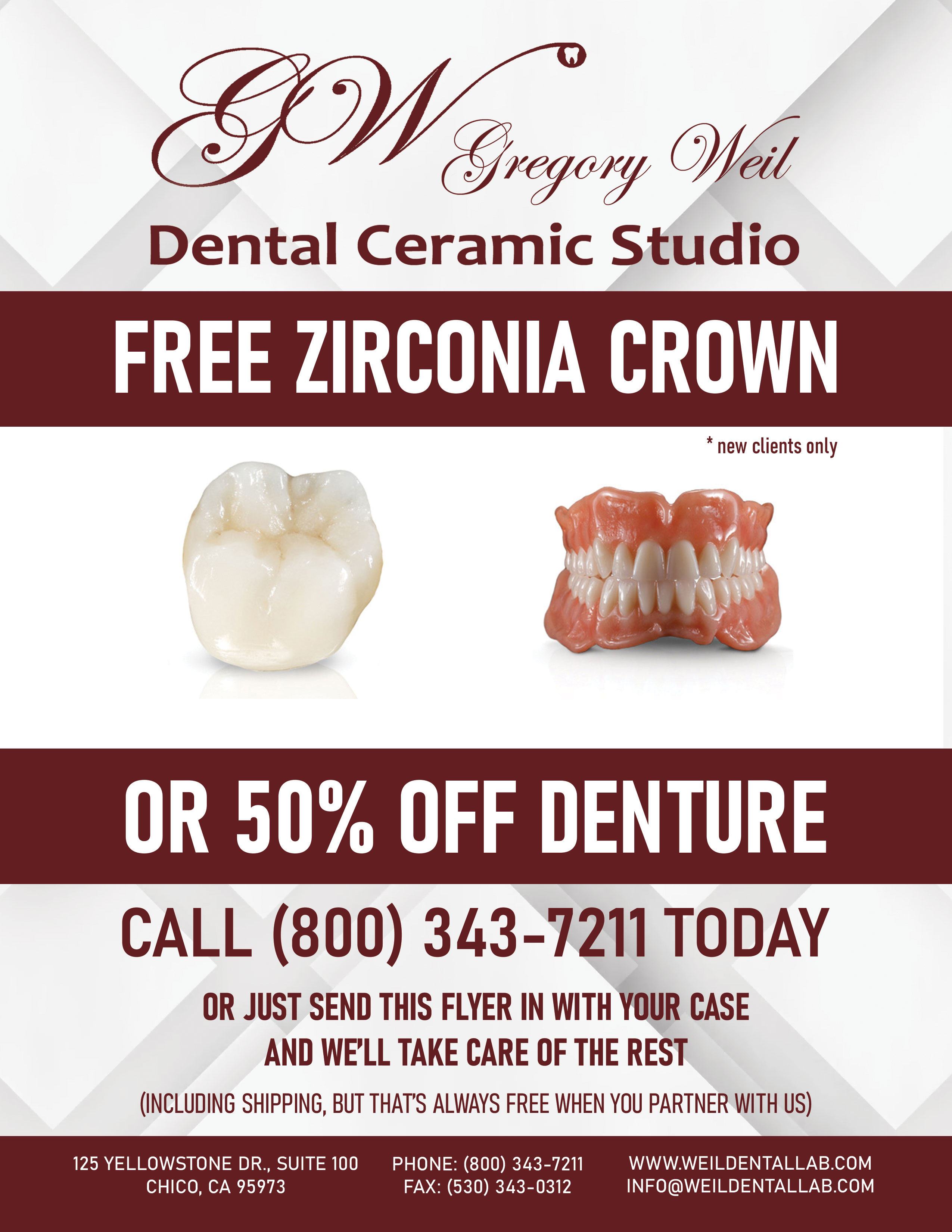 New Client Offer: FREE Zirconia Crown / 50% Denture - Gregory Weil Dental Ceramic Studio